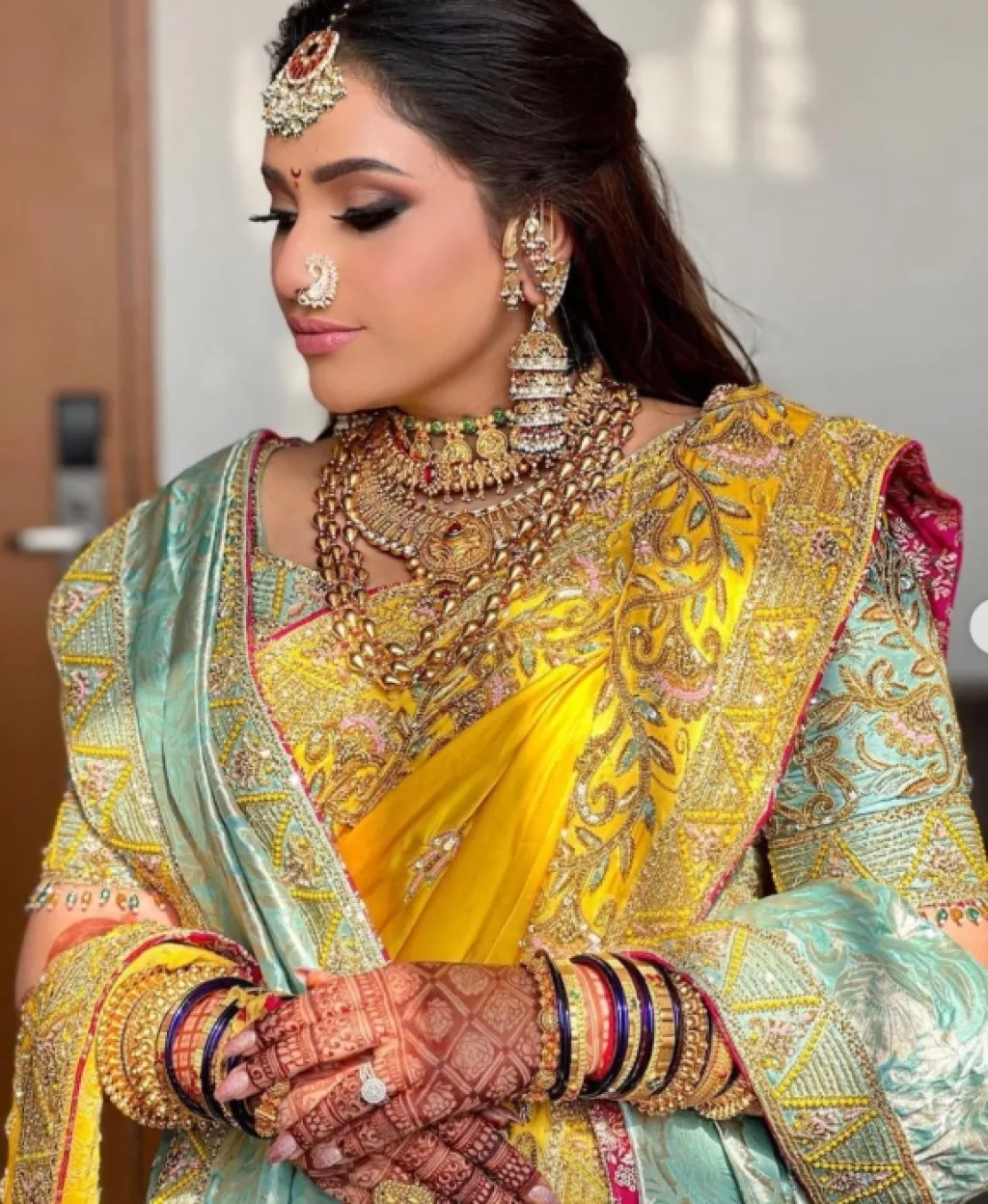 Bride Wore A Gorgeous Yellow-Hued Nauvari Saree For Her Wedding Day ...