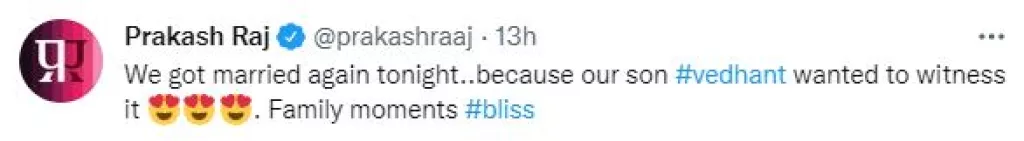 Prakash Raj Gets Married To Wife, Pony Verma Again On Their Son's Wish ...