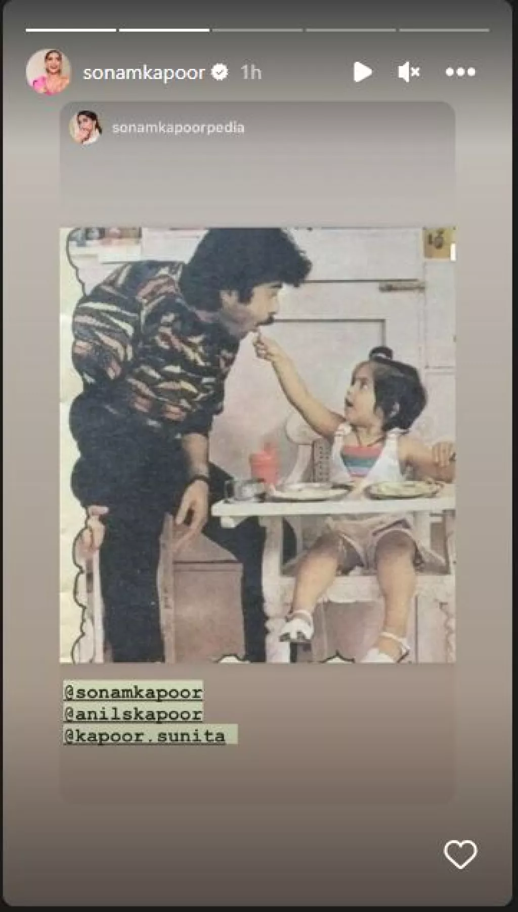 Sonam Kapoor Reshares A Childhood Photo Of Herself Feeding Daddy, Anil For A 1986 Magazine's Shoot