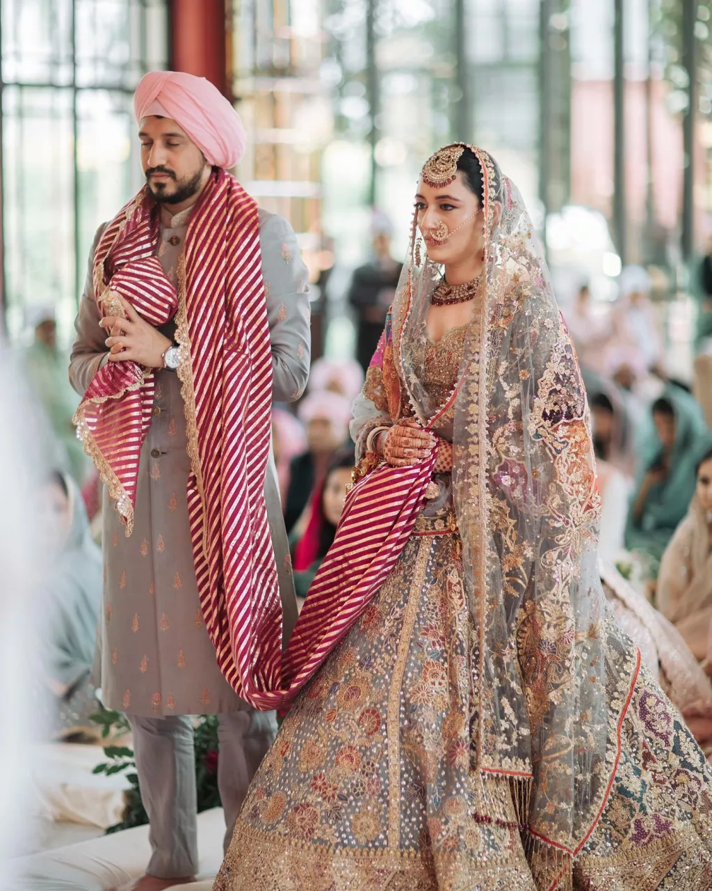 Bride Dazzled In A Floral Grey Lehenga At Her Anand Karaj, Paired It ...