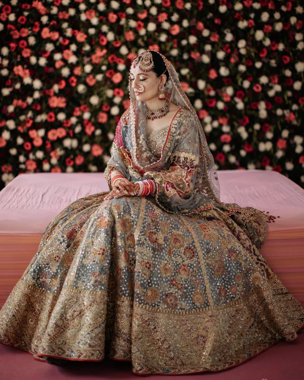 Bride Dazzled In A Floral Grey Lehenga At Her Anand Karaj, Paired It ...