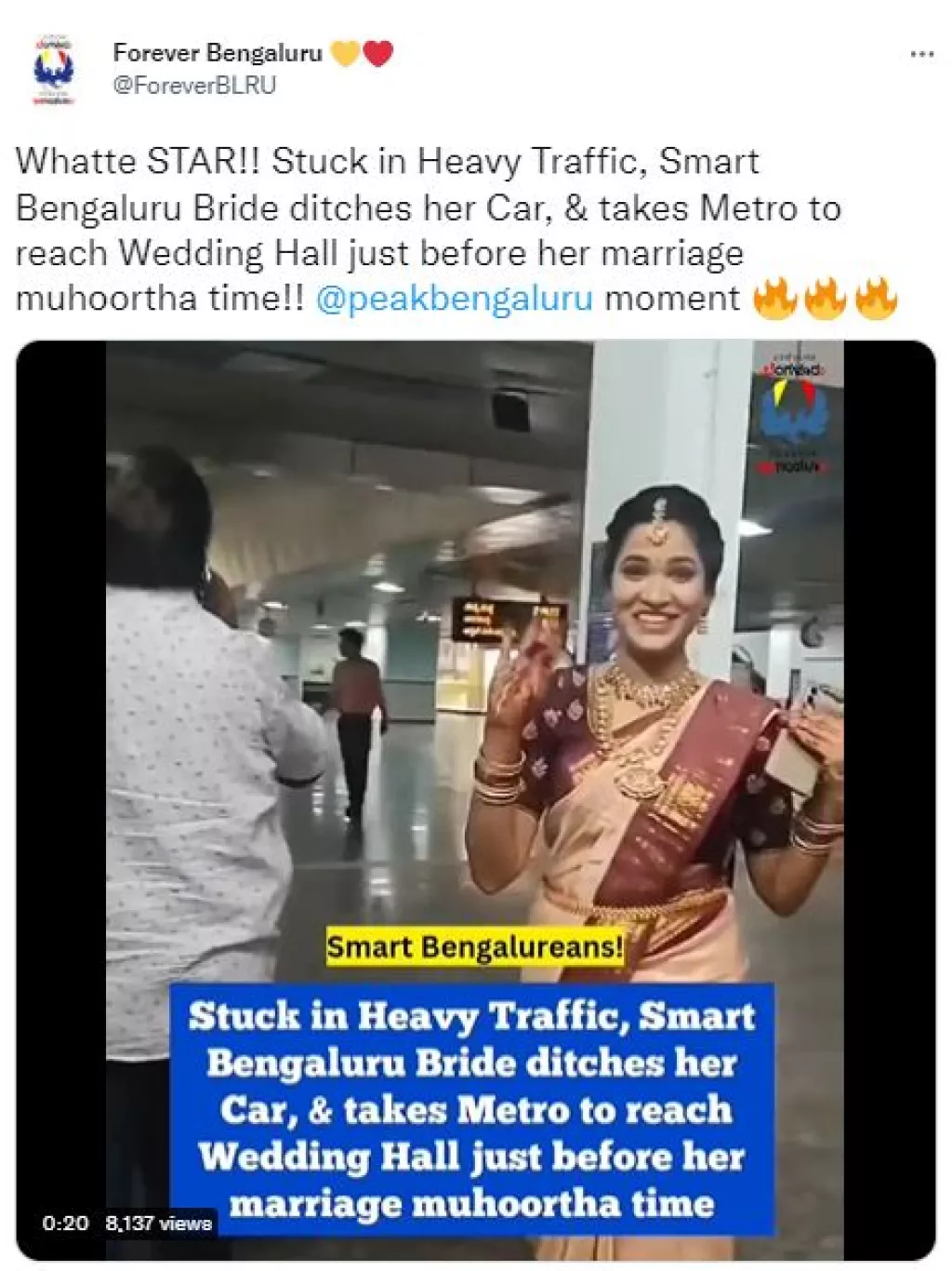 Bengaluru Bride Takes Metro Over Car To Avoid Traffic To Reach Her Wedding Venue