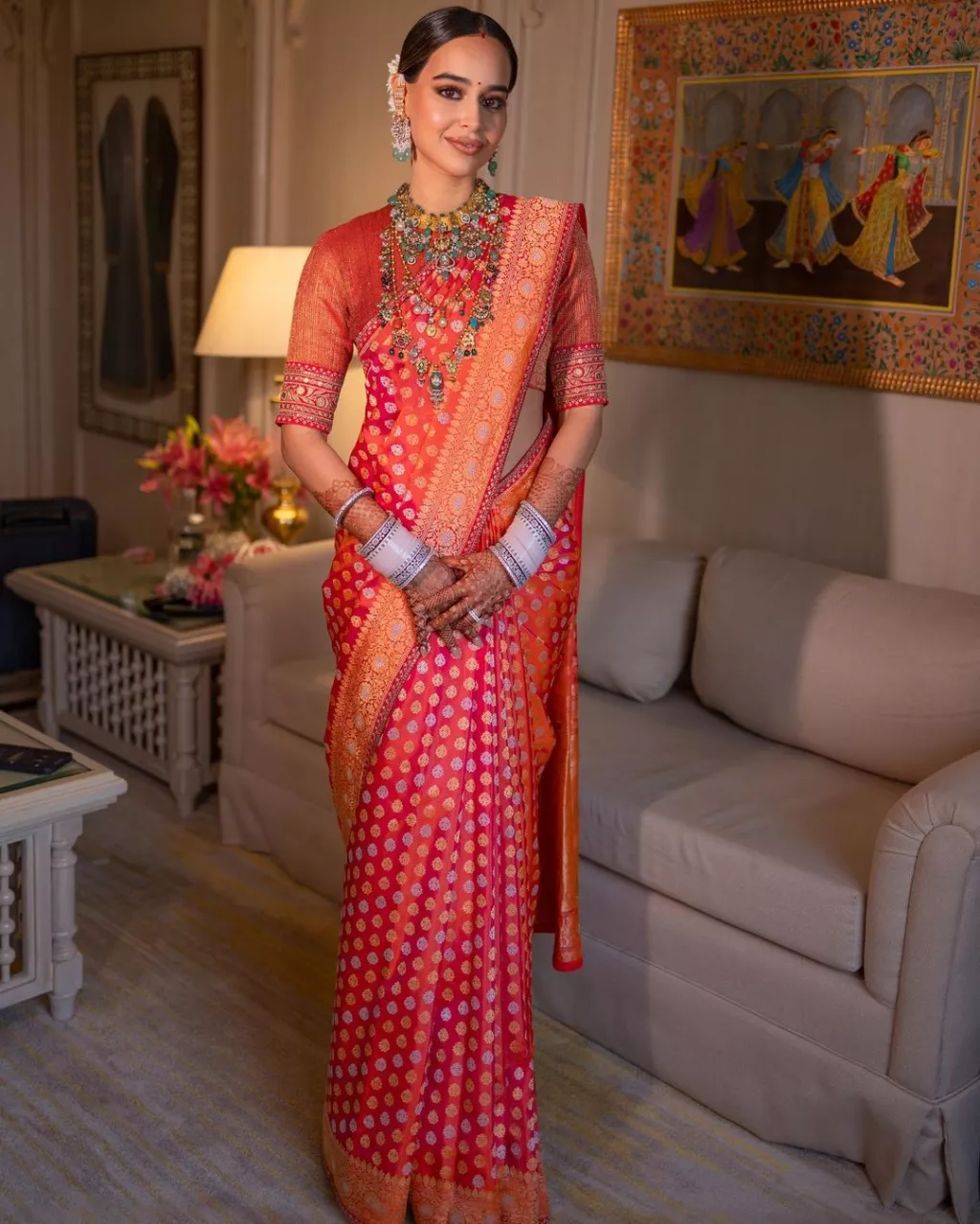 Influencer Bride Wore A Silk Saree From Sabyasachi With Her Nani's Heirloom Jewellery On Reception