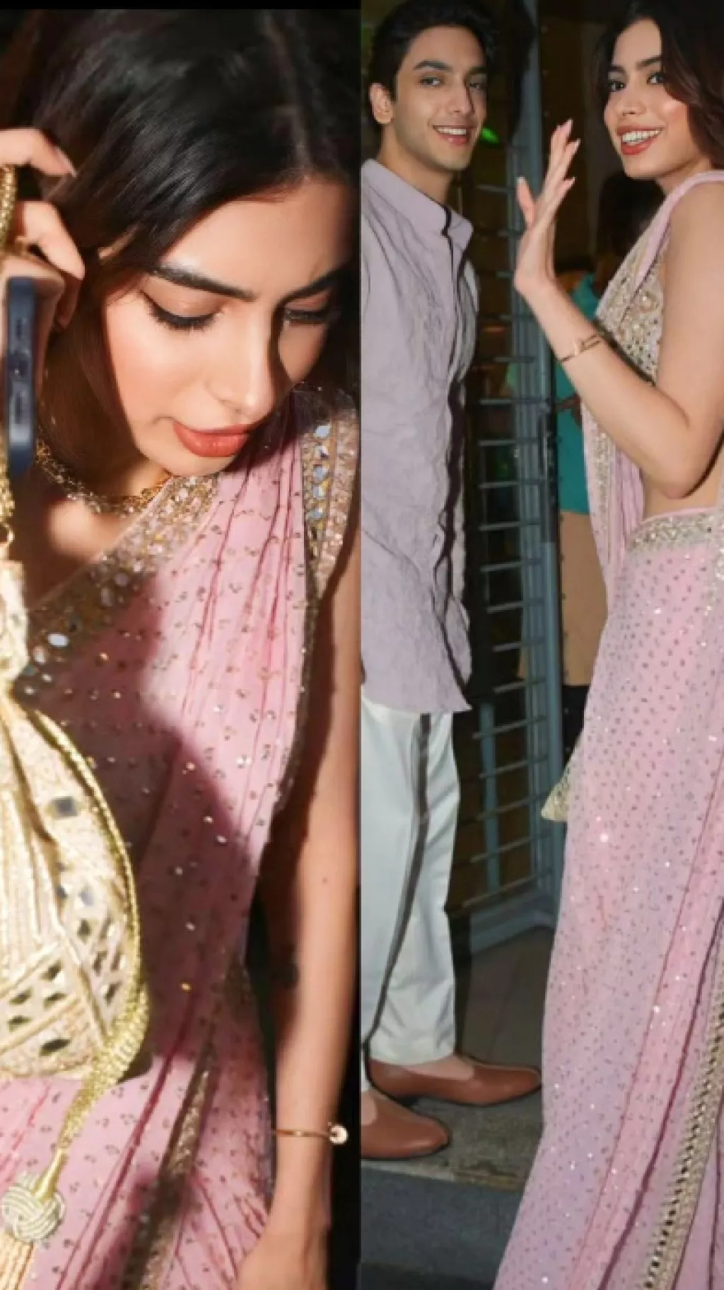 Khushi Kapoor Looks Sexy In A Pink Embellished Saree As She Attends BFF ...