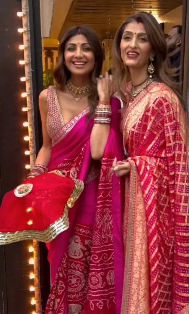 Shilpa Shetty Kundra Dons 'Rani' Pink Saree For Karwa Chauth, Flaunts ...