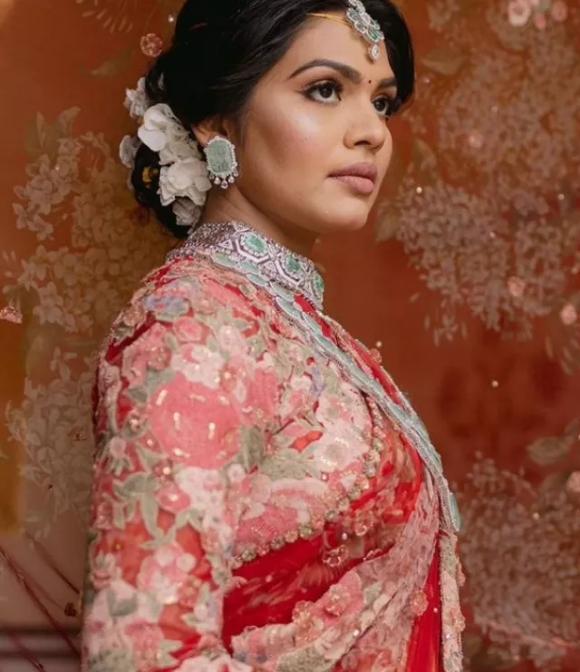 Sabyasachi Bride Donned A Unique Floral Chiffon Saree With A Long Veil ...